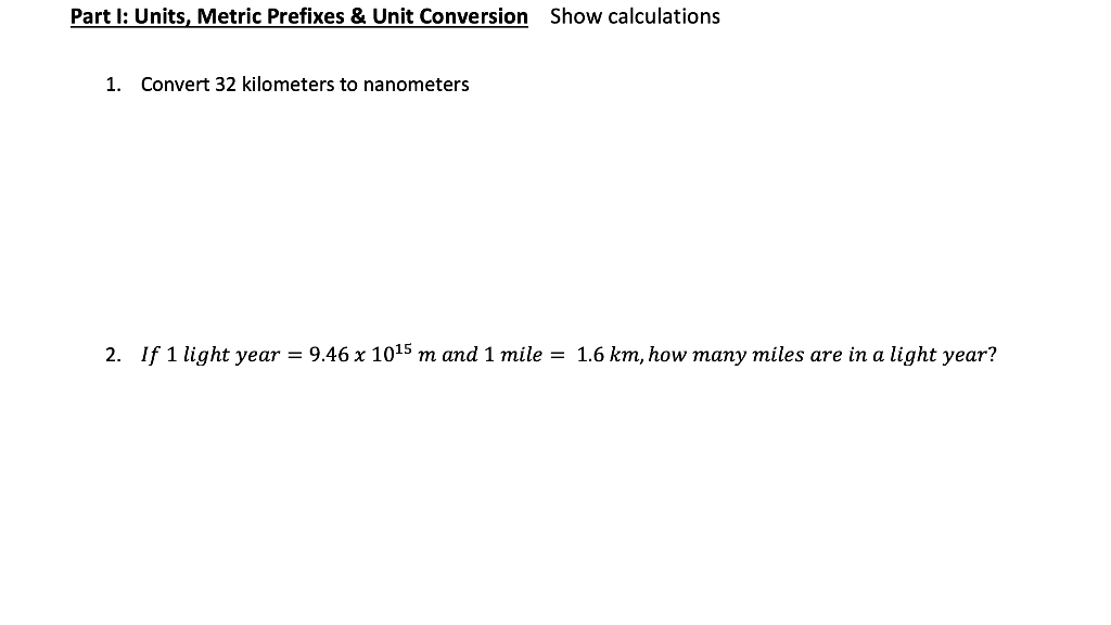Solved Part : Units, Metric Prefixes & Unit Conversion Show | Chegg.com