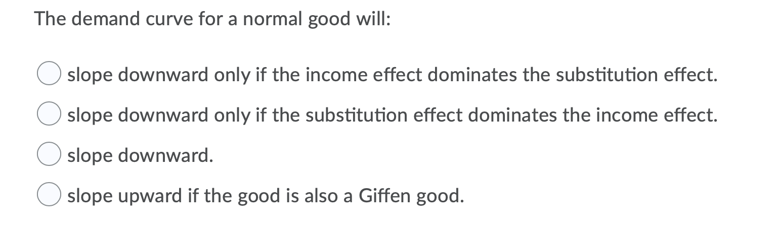 Solved The demand curve for a normal good will: slope | Chegg.com