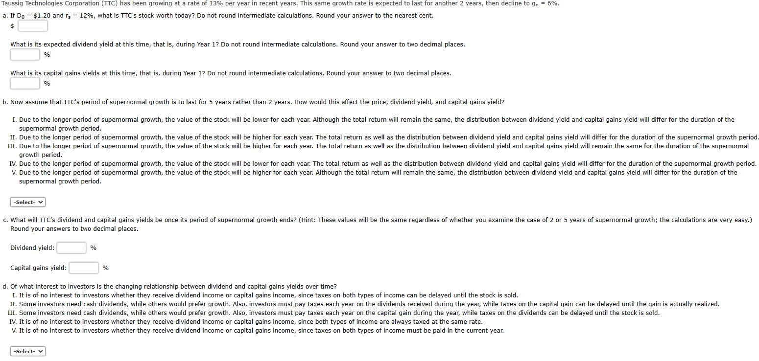 Solved a. If D0=$1.20 and r5=12%, what is TC's stock worth | Chegg.com