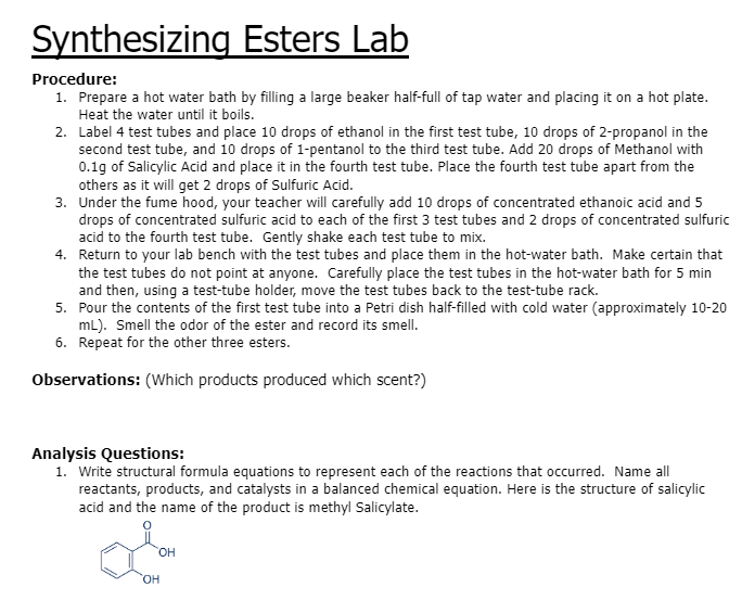 Solved Synthesizing Esters Lab Procedure: 1. Prepare a hot | Chegg.com