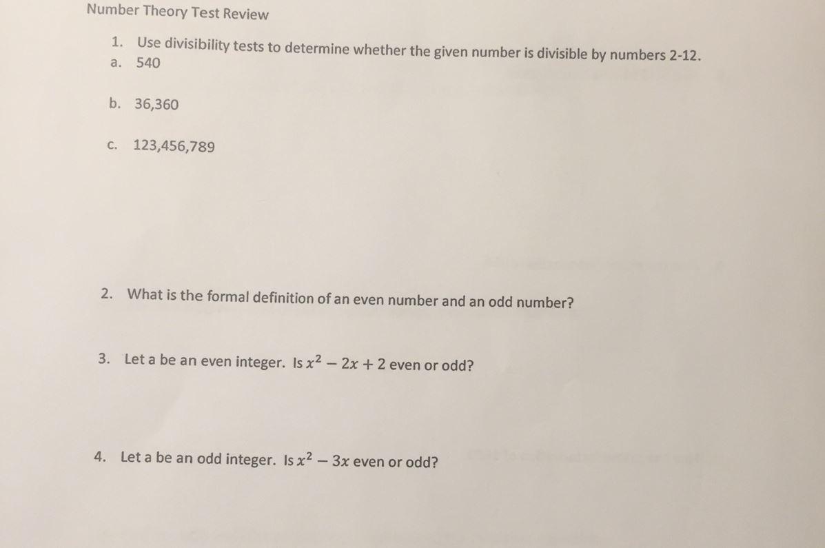 Solved Number Theory Test Review 1. Use divisibility tests | Chegg.com