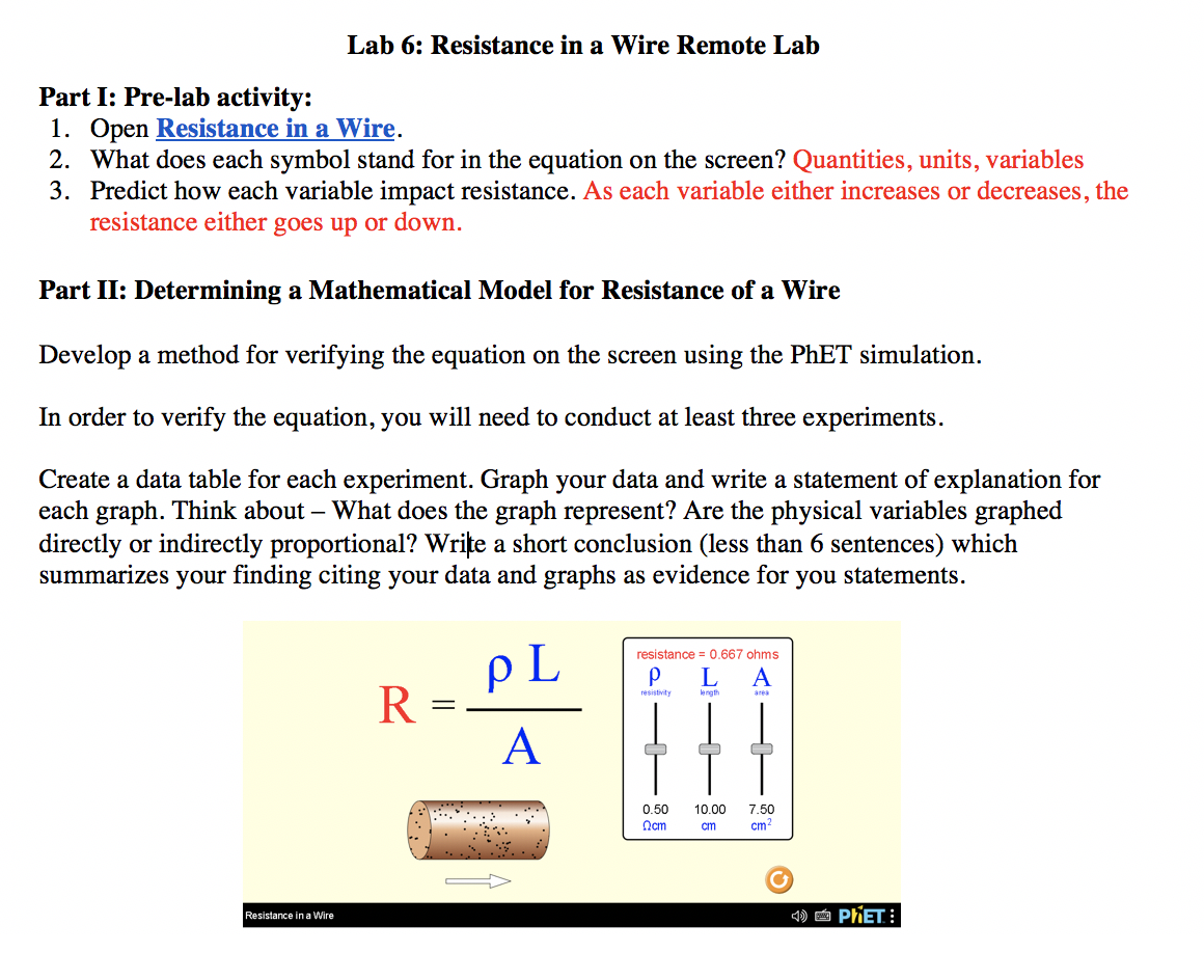 Solved Lab 6: Resistance in a Wire Remote Lab Part I: | Chegg.com