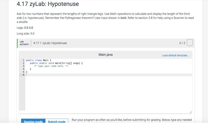 Solved 4.17 zyLab: Hypotenuse Ask for two numbers that | Chegg.com