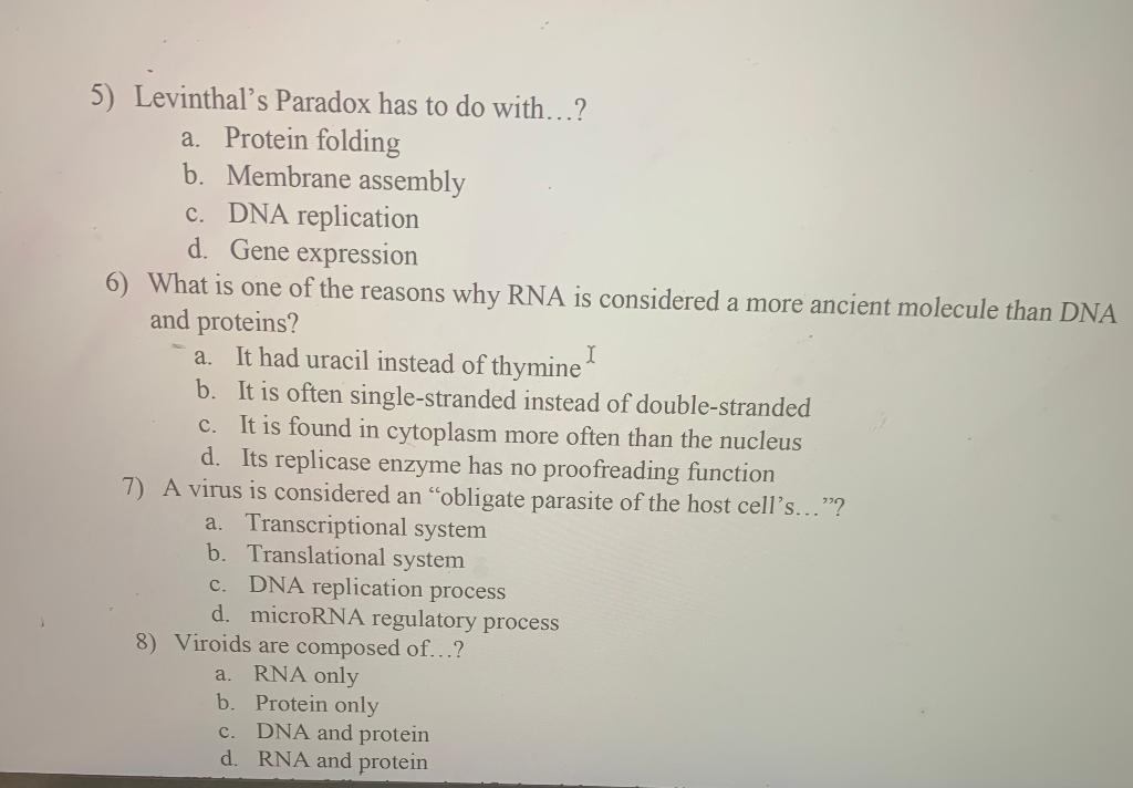 Solved 5) Levinthal's Paradox has to do with...? a. Protein | Chegg.com