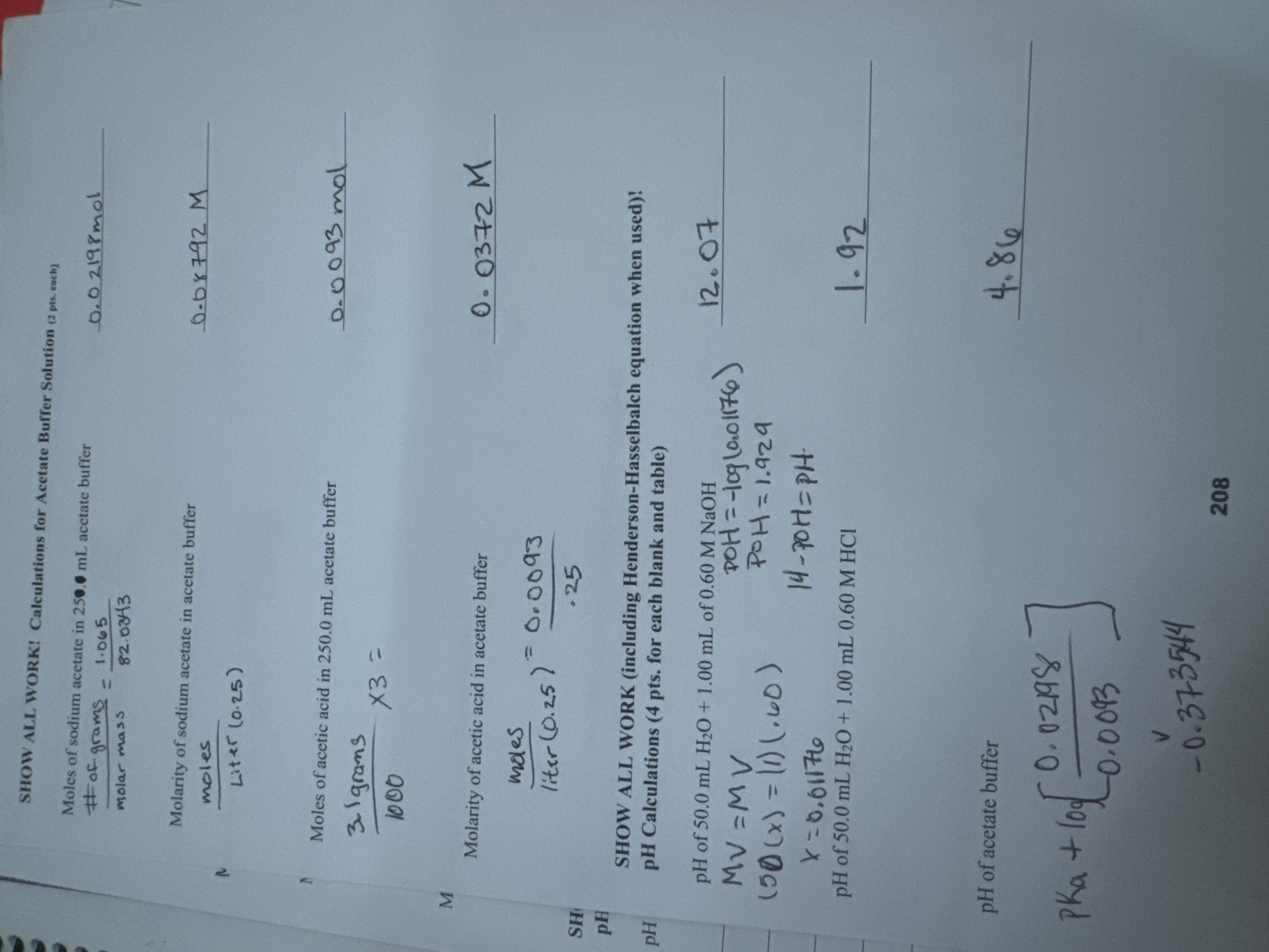 pH of 50.0 mL acetate buffer +1.00 mL0.60MNaOH pH of | Chegg.com