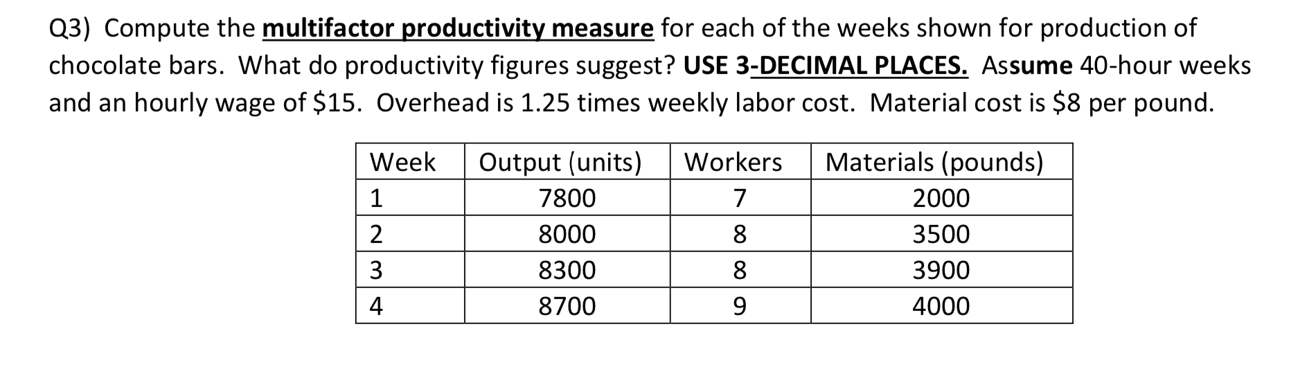 Solved Q3) Compute the multifactor productivity measure for | Chegg.com