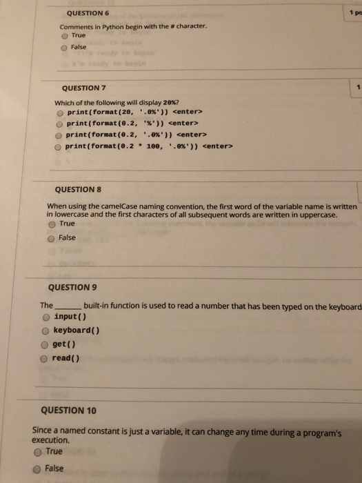 Solved 1 po QUESTION 6 Comments in Python begin with the # | Chegg.com