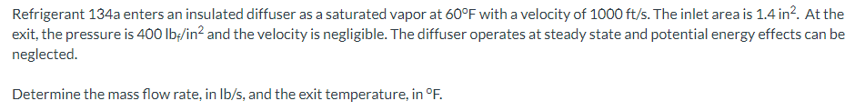 Solved Refrigerant 134a enters an insulated diffuser as a | Chegg.com