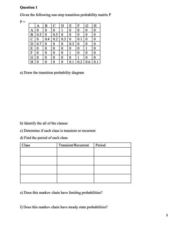 Solved Question1 Given the following one-step transition | Chegg.com