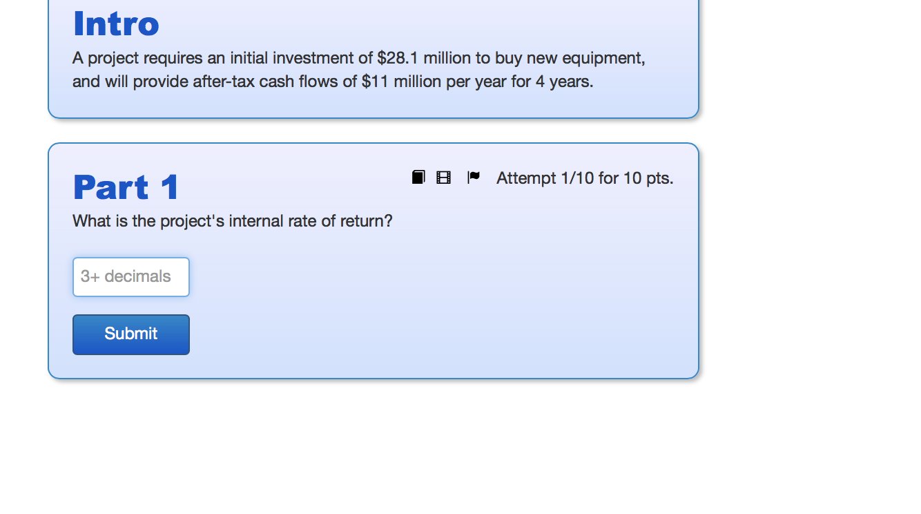 Solved Intro A project requires an initial investment of | Chegg.com