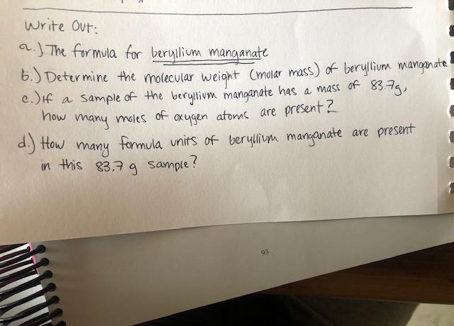 Solved Write out: a.) The formula for beryllium manganate | Chegg.com