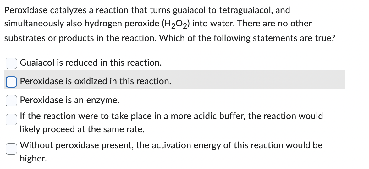Solved Peroxidase catalyzes a reaction that turns guaiacol | Chegg.com
