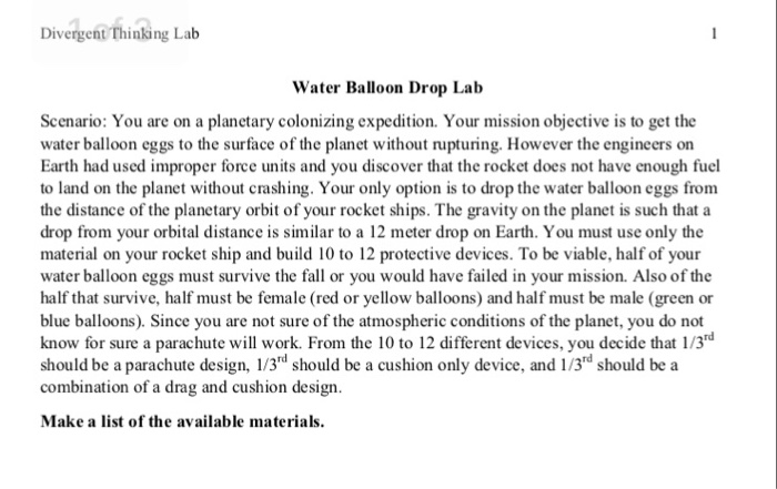 Solved Divergent Thinking Lab Water Balloon Drop Lab | Chegg.com