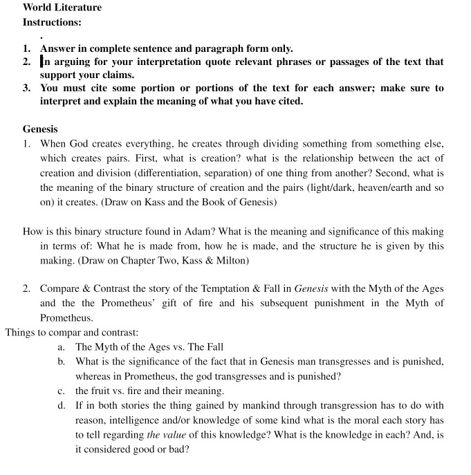 World Literature Instructions: 1. Answer in complete | Chegg.com