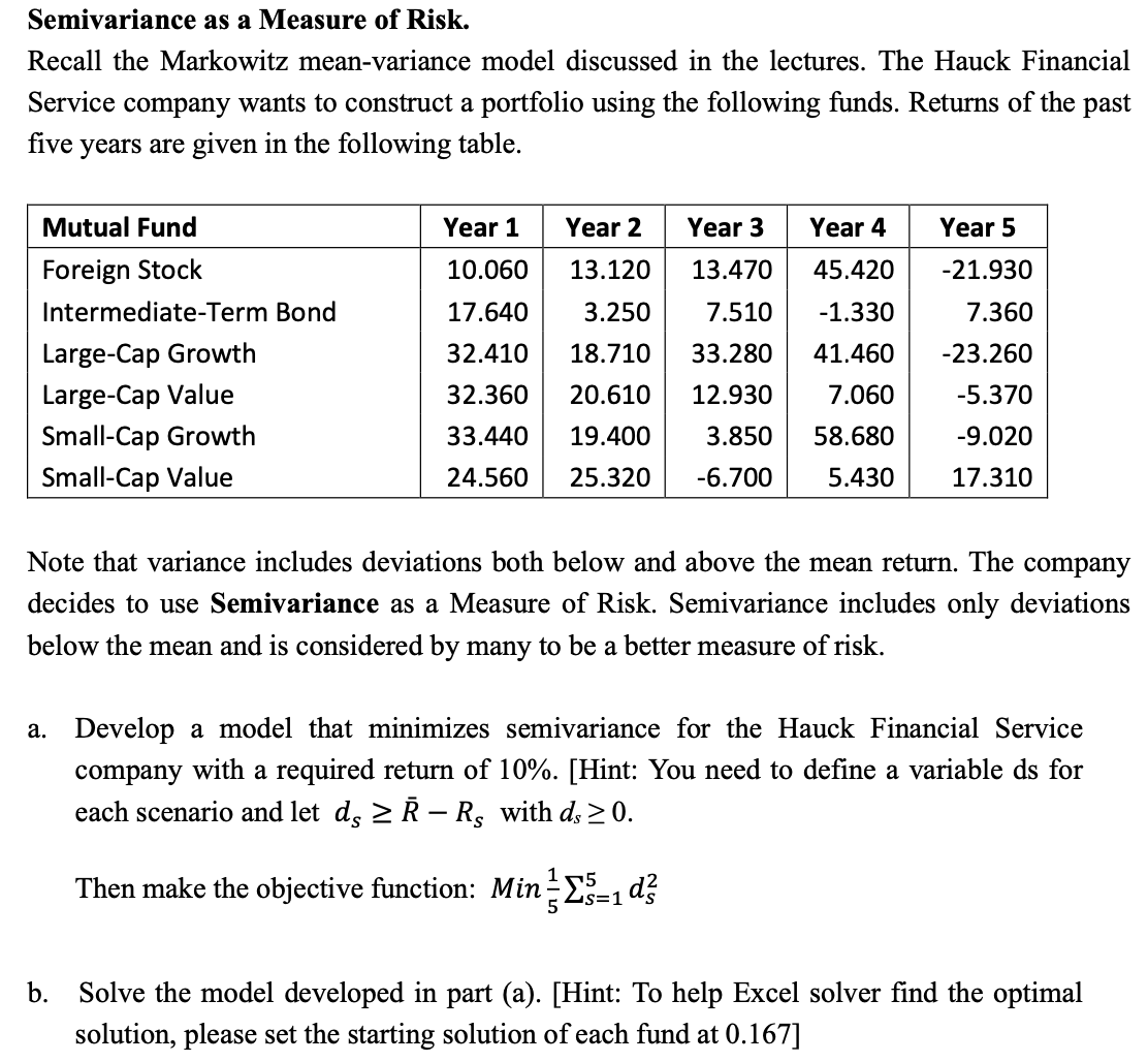 Solved Semivariance as a Measure of Risk. Recall the | Chegg.com