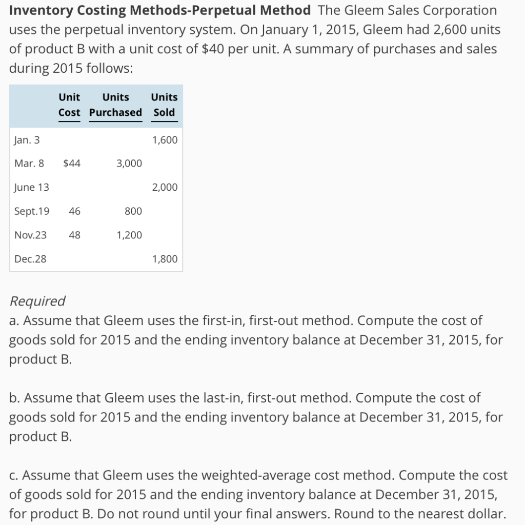 Solved Inventory Costing Methods-Perpetual Method The Gleem | Chegg.com