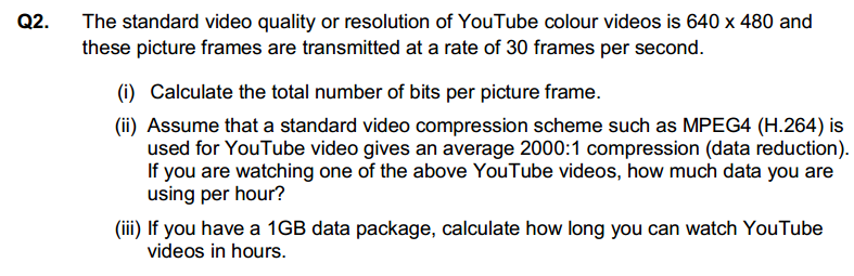 Solved Q2. The standard video quality or resolution of | Chegg.com