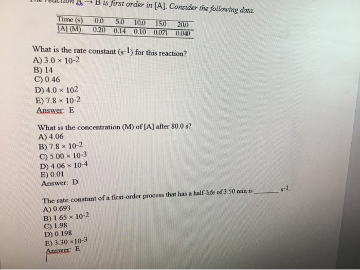 Solved The reaction A-B is first order in [A]. Consider the | Chegg.com