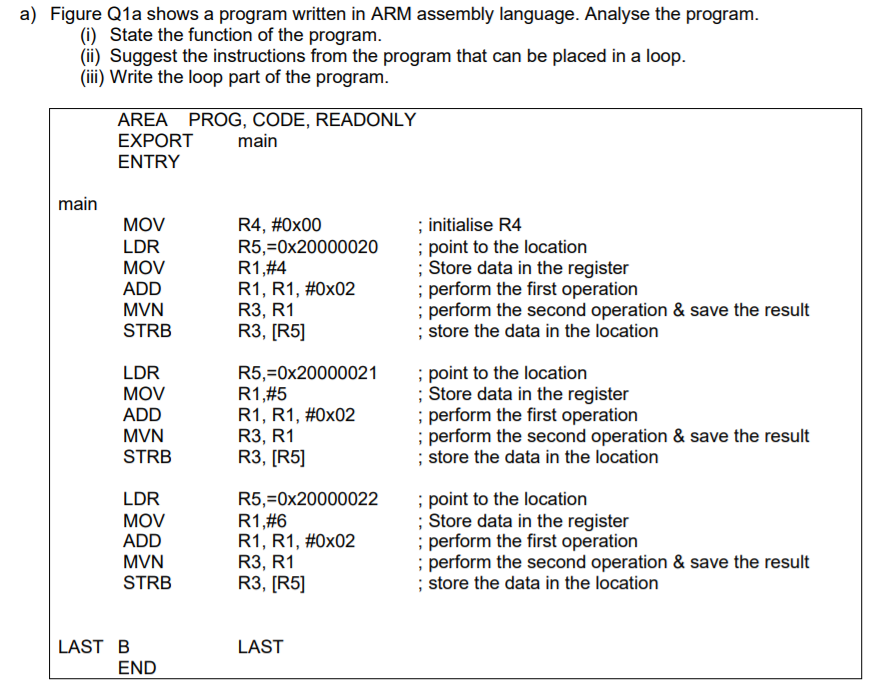 Solved a) Figure Q1a shows a program written in ARM assembly | Chegg.com