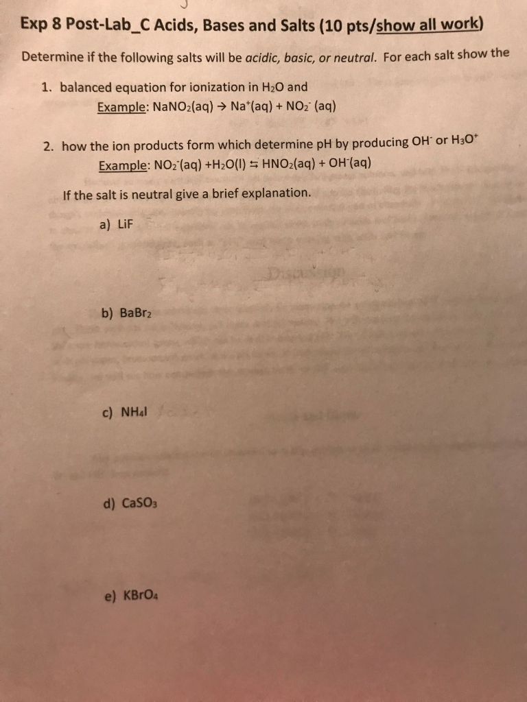Solved Determine if the following salts will be acidic, | Chegg.com