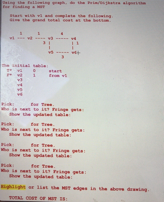 Solved Using the following graph, do the Prim/Dijkstra | Chegg.com