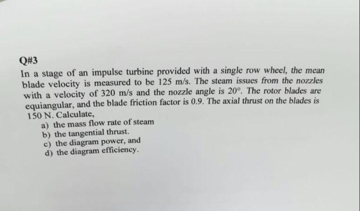 Solved Q#3 In a stage of an impulse turbine provided with a | Chegg.com
