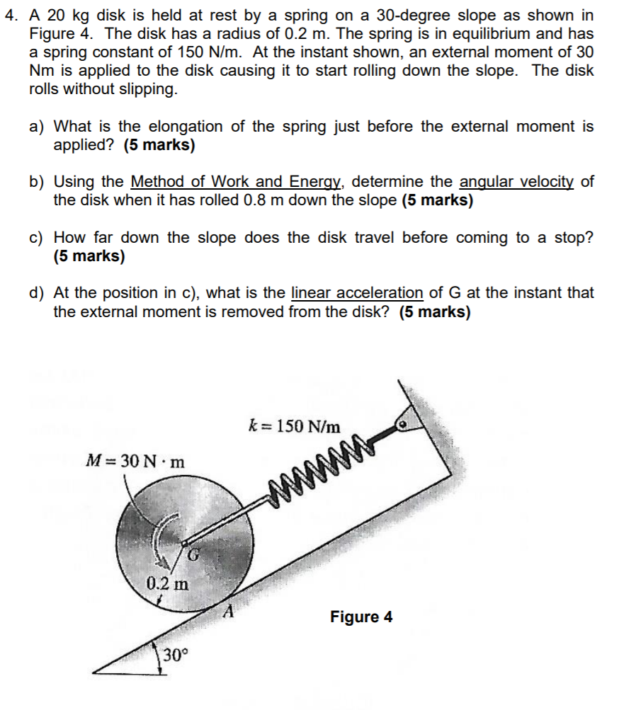 Solved 4. A 20 kg disk is held at rest by a spring on a | Chegg.com
