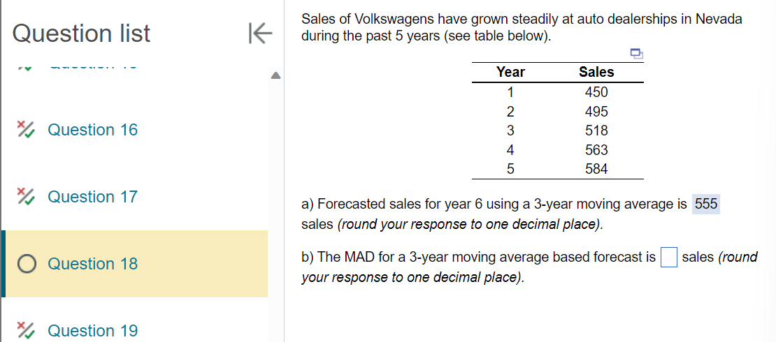Solved Question list x/s Question 16 Question 17 Question 18 | Chegg.com