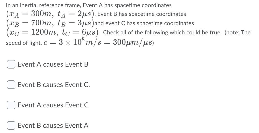 Solved In an inertial reference frame, Event A has spacetime | Chegg.com