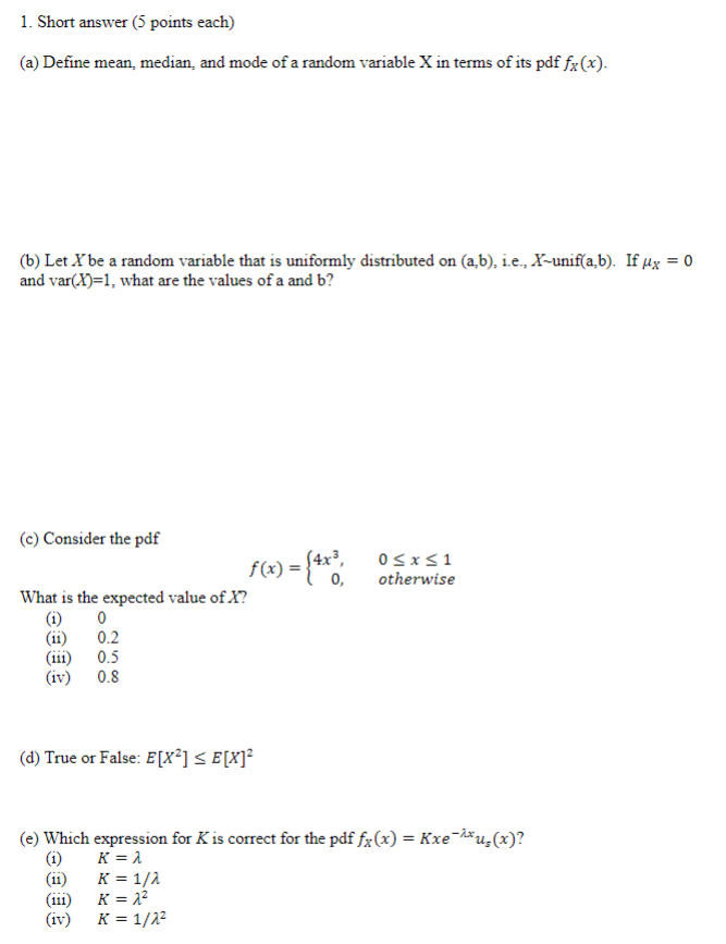 Solved (a) Define mean, median, and mode of a random | Chegg.com