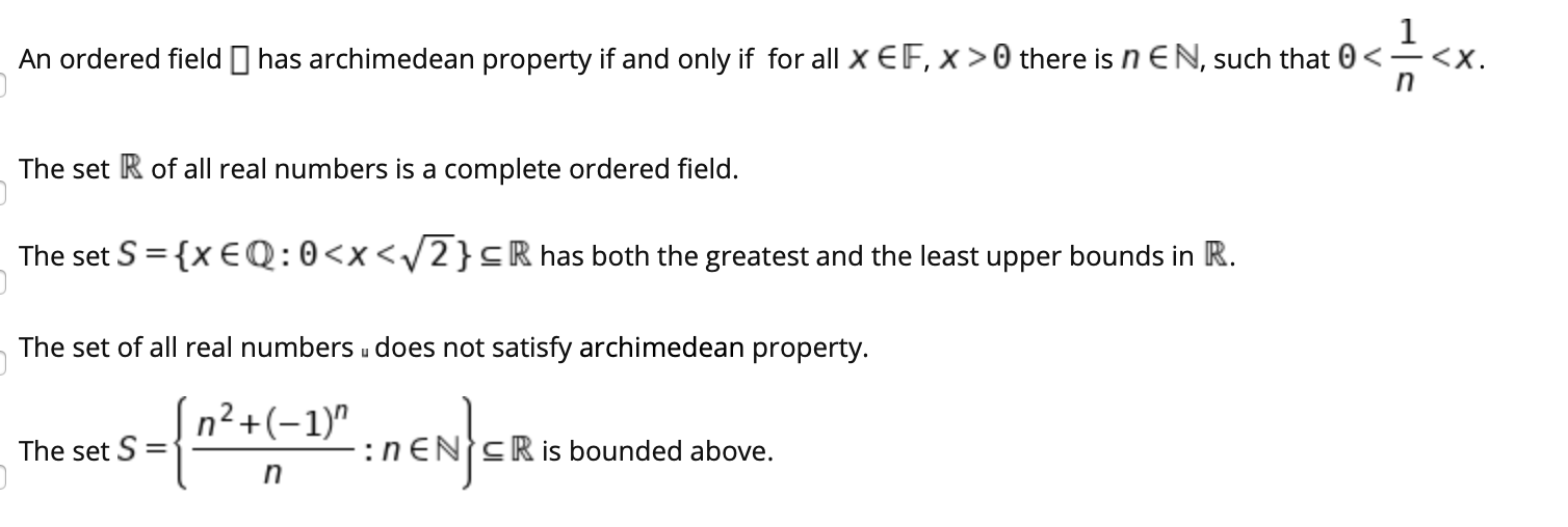 Solved An ordered field has archimedean property if and only | Chegg.com