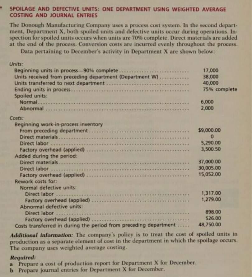 SPOILAGE AND DEFECTIVE UNITS: ONE DEPARTMENT USING | Chegg.com