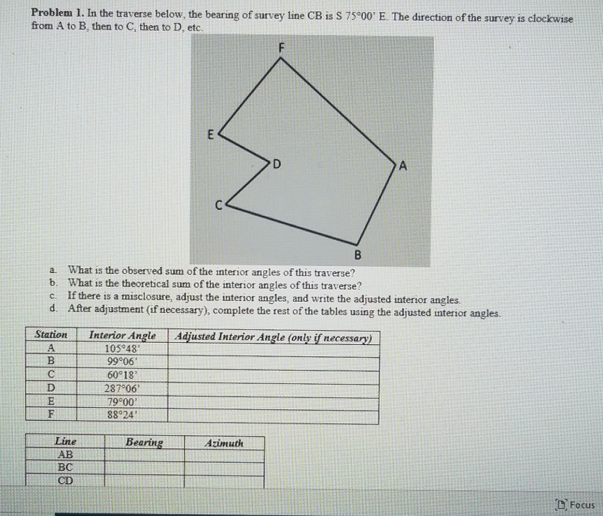 Solved Problem 1. In the traverse below, the bearing of | Chegg.com