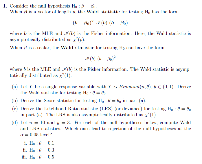 Solved : = 1. Consider the null hypothesis Ho : B = Bo. When | Chegg.com