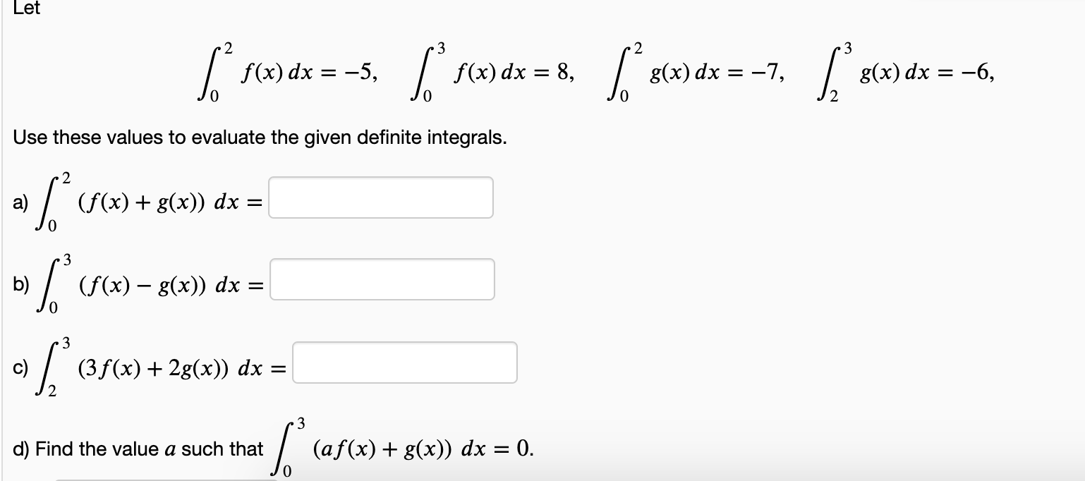 Solved Let 2 3 2 .3 Ś f(x) dx = -5, f f(x) dx = 8, sos g(x) | Chegg.com | Chegg.com
