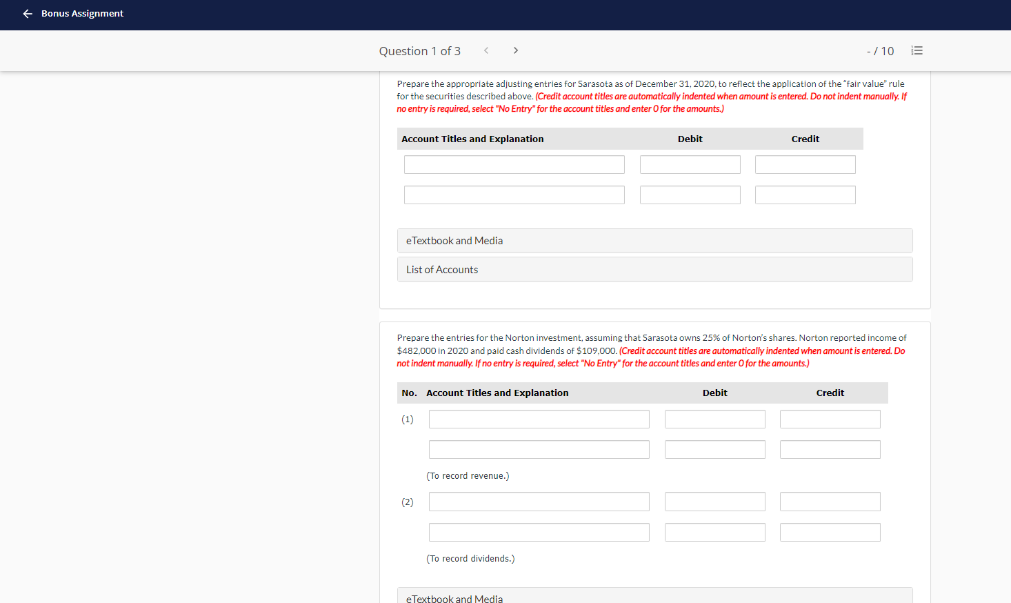 Solved € Bonus Assignment Question 1 of 3 > - / 10 E View | Chegg.com