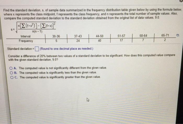 Solved Find the standard deviation, s, of sample data | Chegg.com