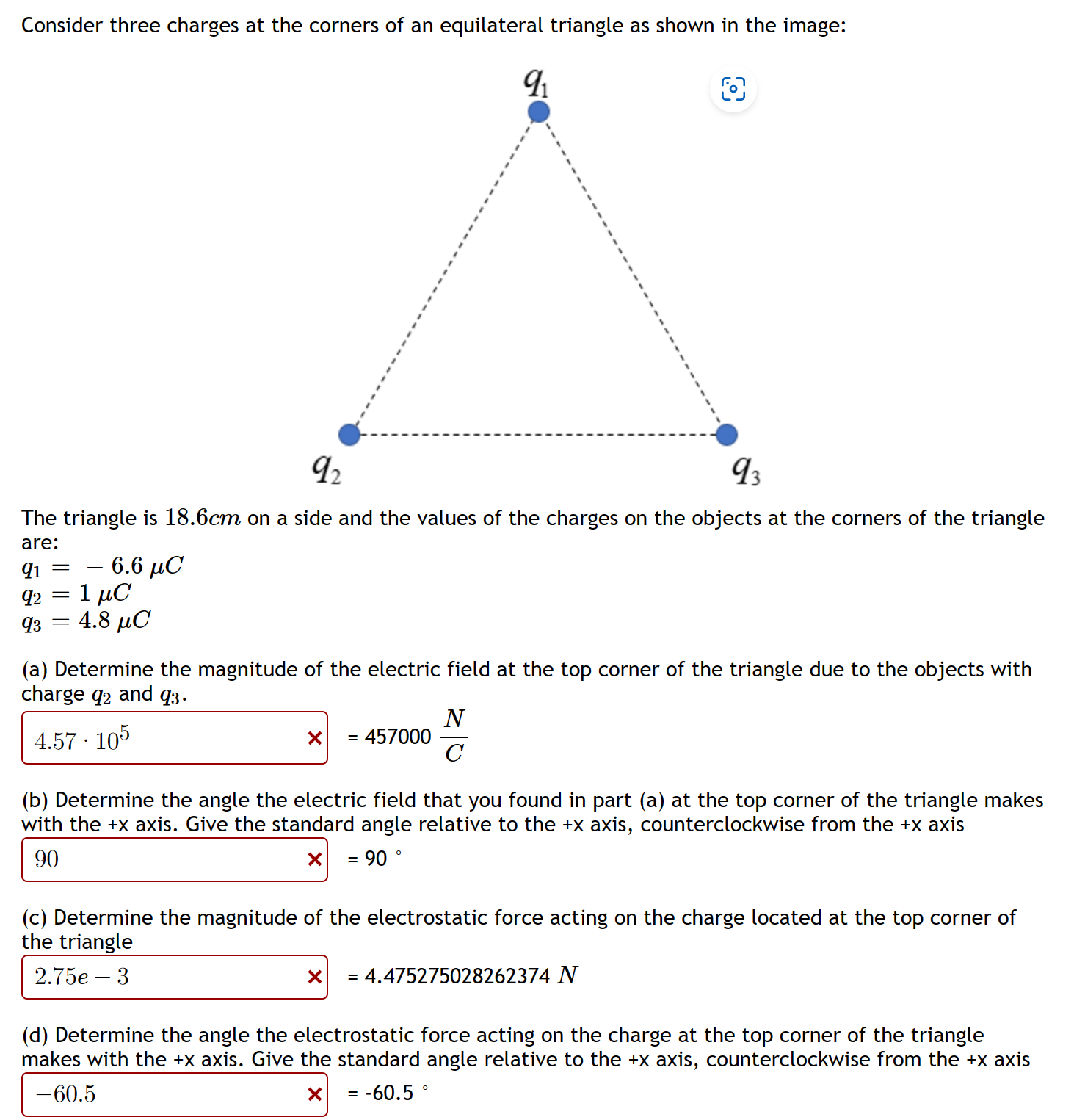 Solved Consider three charges at the corners of an | Chegg.com