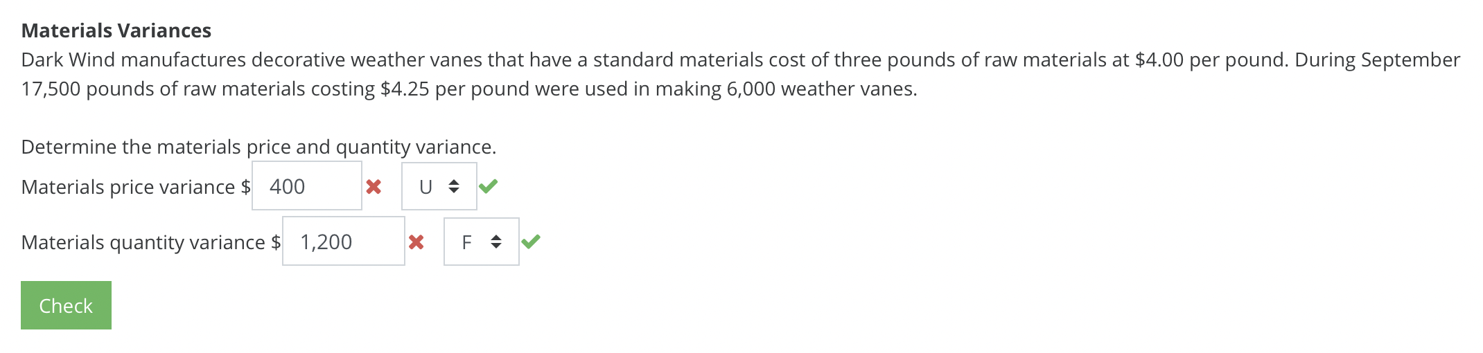 Solved Materials Variances Dark Wind manufactures decorative | Chegg.com