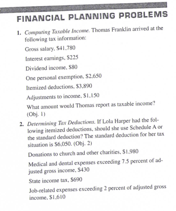 FINANCIAL PLANNING PROBLEMS 1. Computing Taxable | Chegg.com
