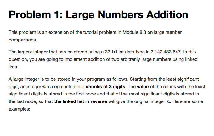Solved Problem 1: Large Numbers Addition This problem is an | Chegg.com