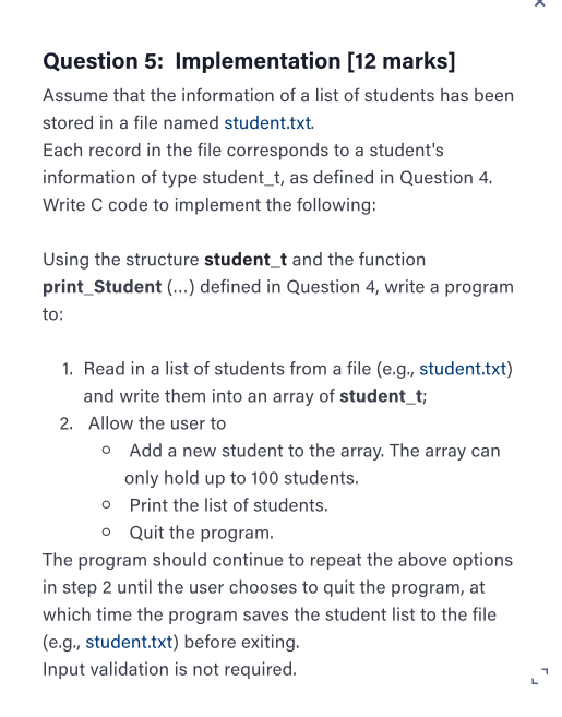 Solved Question 5: Implementation (12 marks] Assume that the | Chegg.com