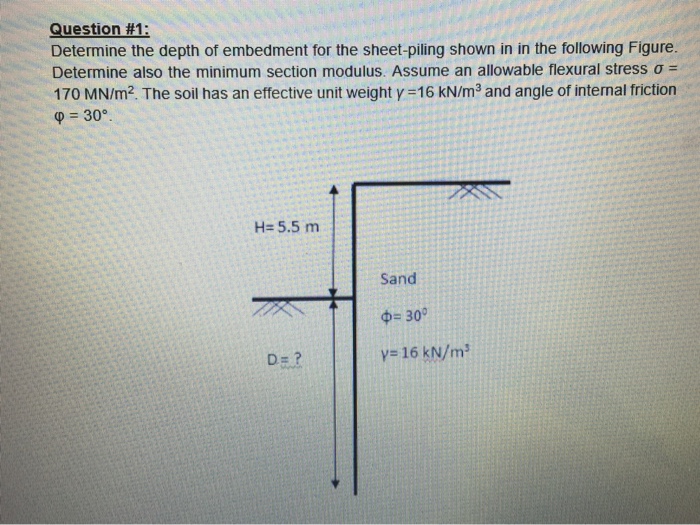 Solved Determine the depth of embedment for the sheet-piling | Chegg.com
