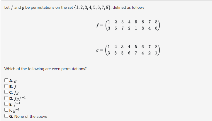 Solved Let f and g be permutations on the set | Chegg.com