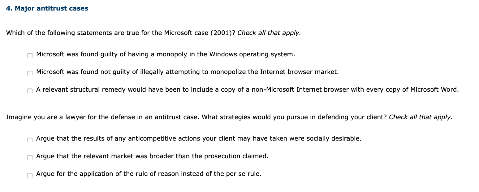 Solved 4. Major antitrust cases Which of the following | Chegg.com