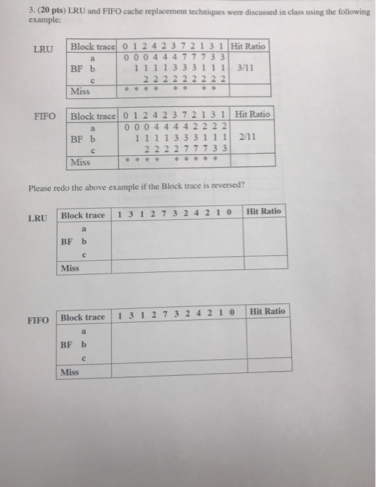 Solved 3. (20 pts) LRU and FIFO cache replacement techniques | Chegg.com
