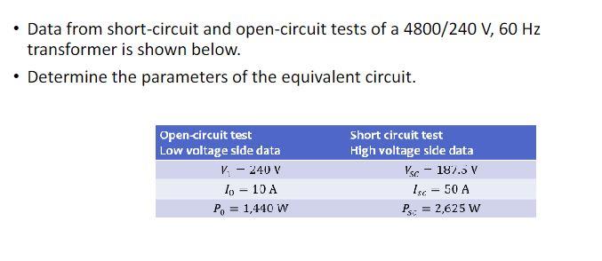Solved - Data from short-circuit and open-circuit tests of a | Chegg.com