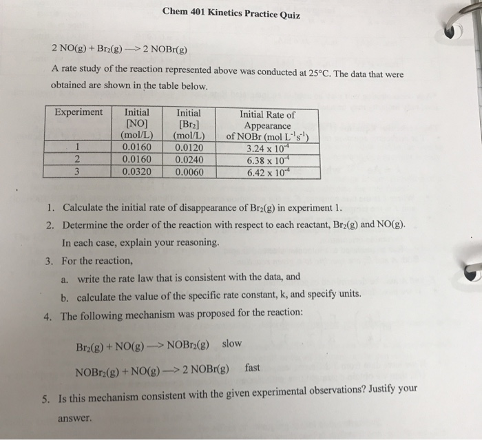 Solved Chem 401 Kinetics Practice Quiz 2 NO(g) +Br2(g)>2 | Chegg.com
