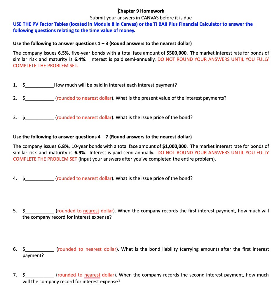 Solved Chapter 9 Homework Submit your answers in CANVAS | Chegg.com