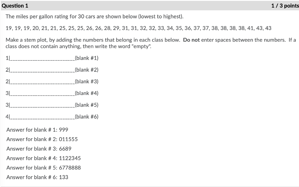 Solved 1/3 points Question 1 The miles per gallon rating for | Chegg.com